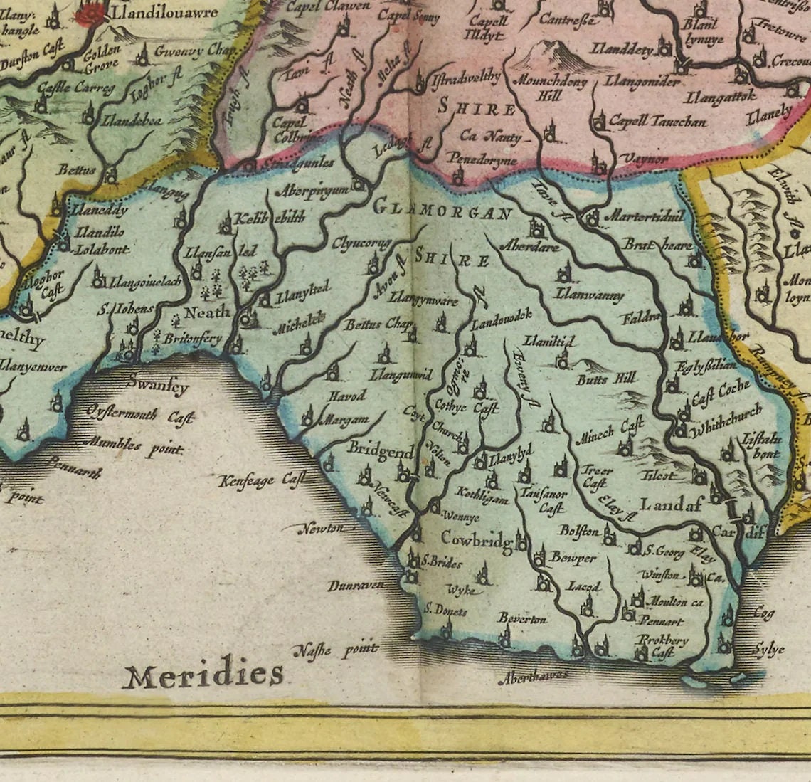 Rare Old Map of Wales, Cymru by Joan Blaeu 1645 - Ancient Country Wall ...