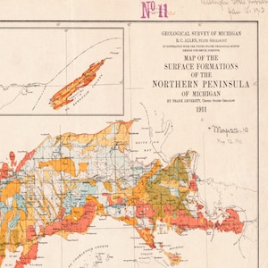 1911 Vintage Map of the Surface Formations of the Northern Peninsula of ...