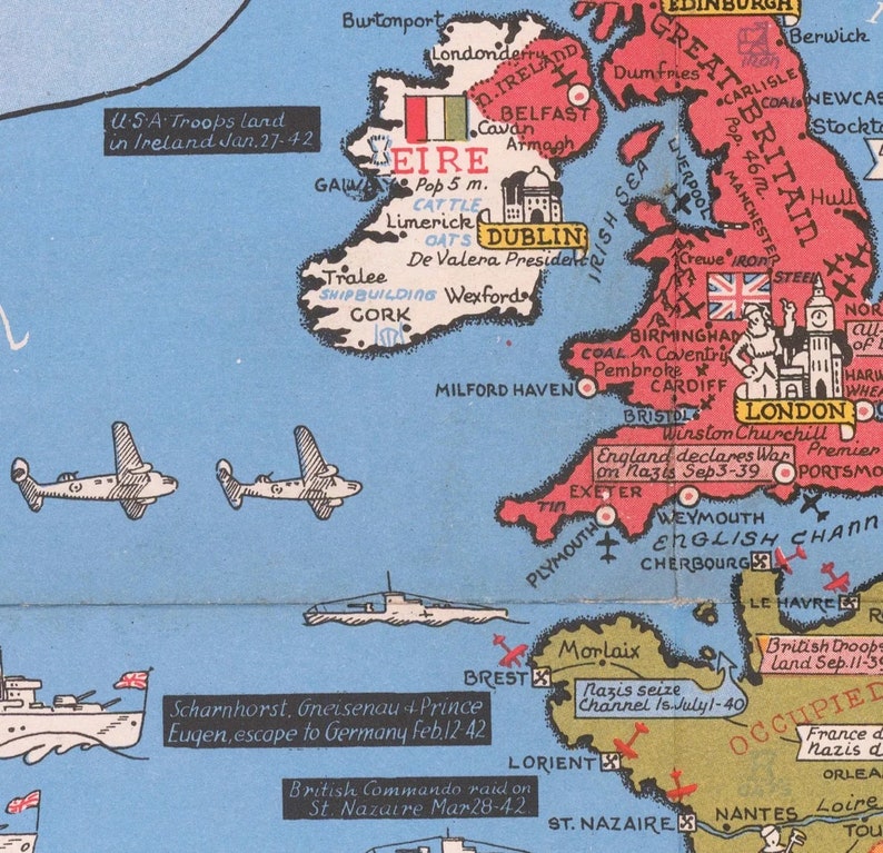 Old World War 2 Map, 1942 by Stanley Turner dated Events WW2 History ...