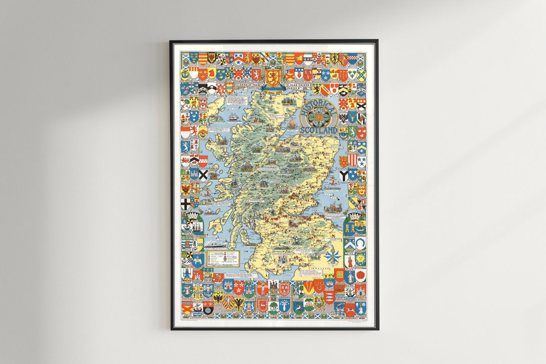 Vintage Scotland Map, Clans of Scotland, Coats of Arms, Historic ...