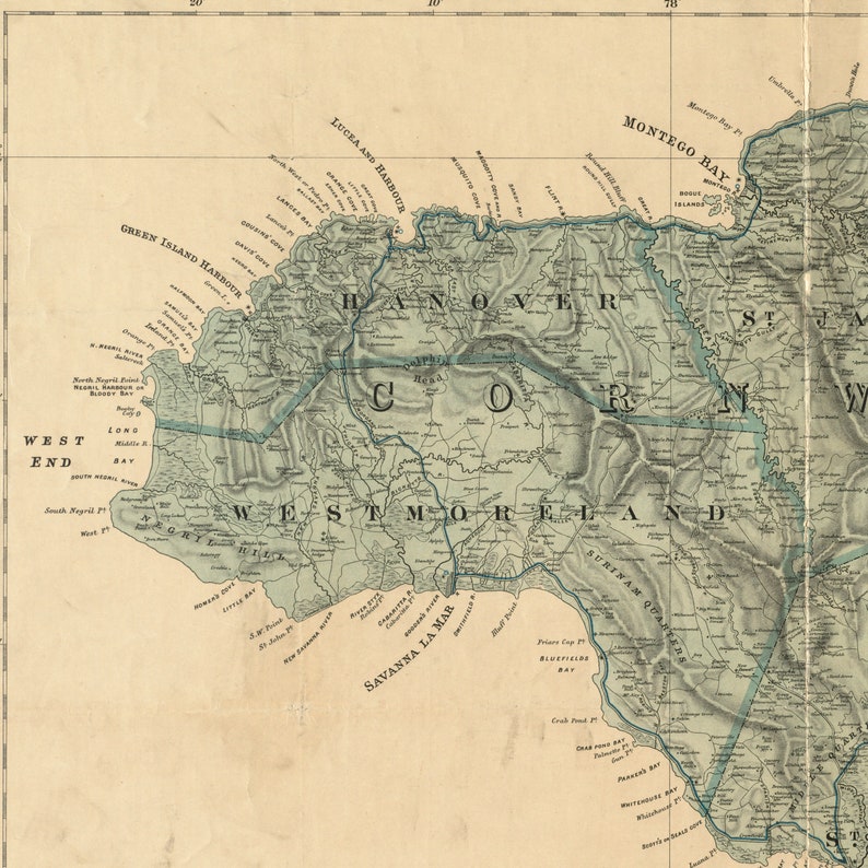 Old Map of Jamaica 1888 Vintage Map of Jamaica | Vintage Poster Wall ...