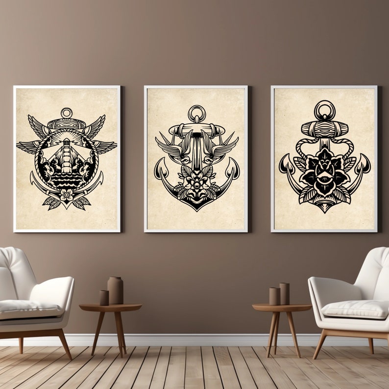 Traditional Tattoo Flash Sheet Grayscale Nautical Anchor Flash Tattoo ...