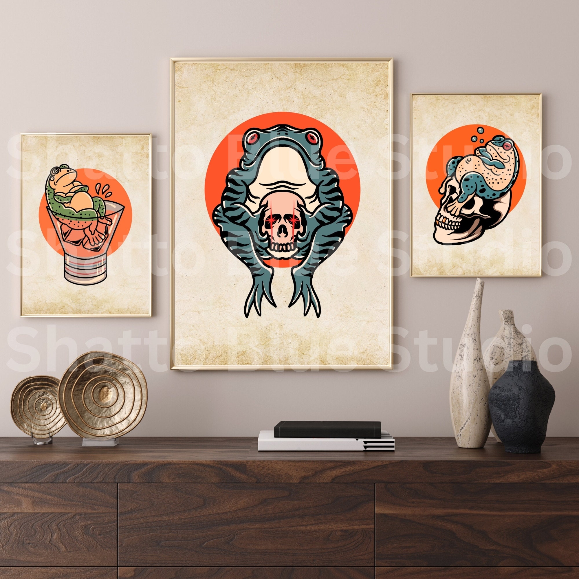 Frog and Skull Traditional Tattoo Flash, Frog in Shot Glass, Set of 3 ...