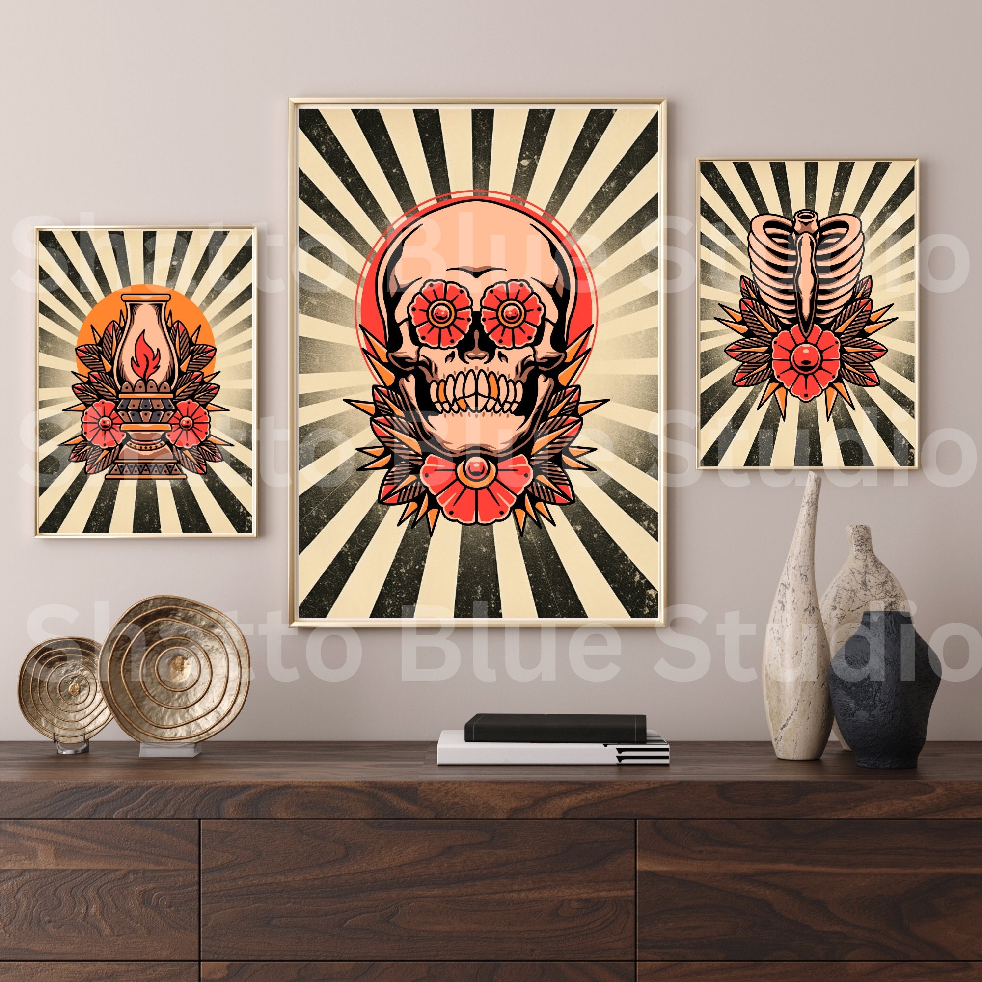 Traditional Tattoo Flash Sheet | Vintage Skeleton, Skull and Flowers ...