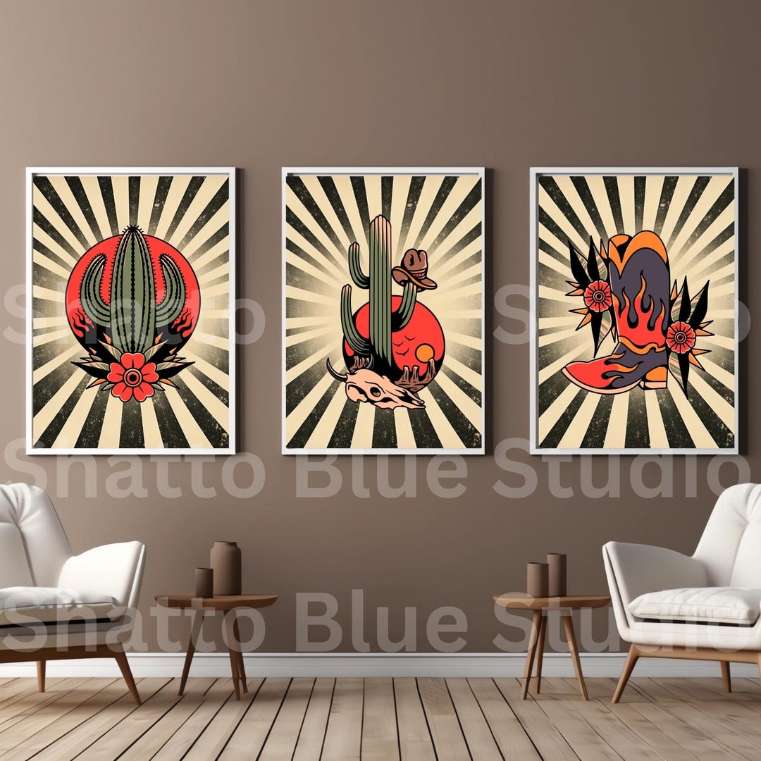 Cactus Cowboy, Traditional Tattoo, Flash Tattoo, Set of 3, Old School ...