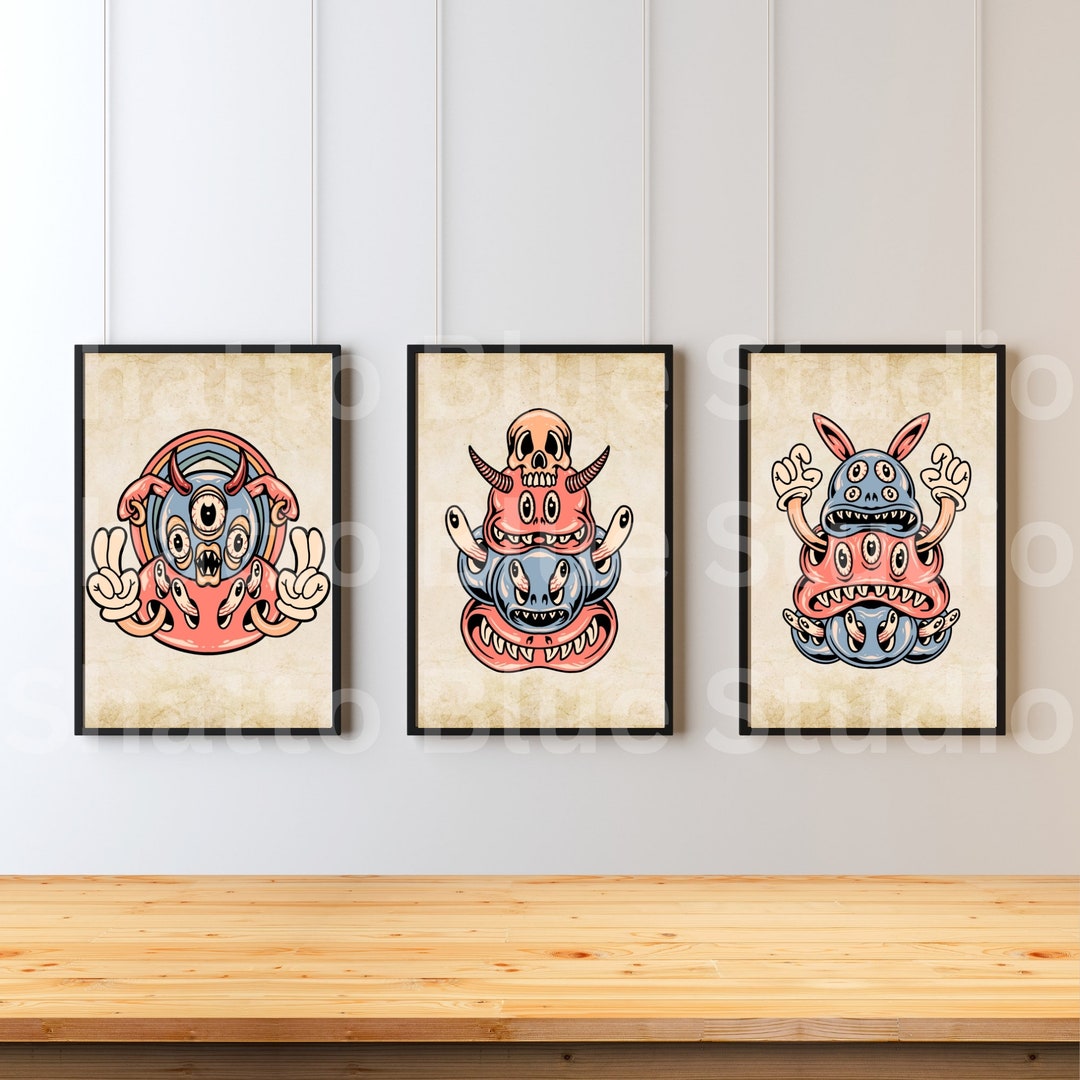 Trippy Cartoon Monsters, Set of 3, Digital Prints - Etsy