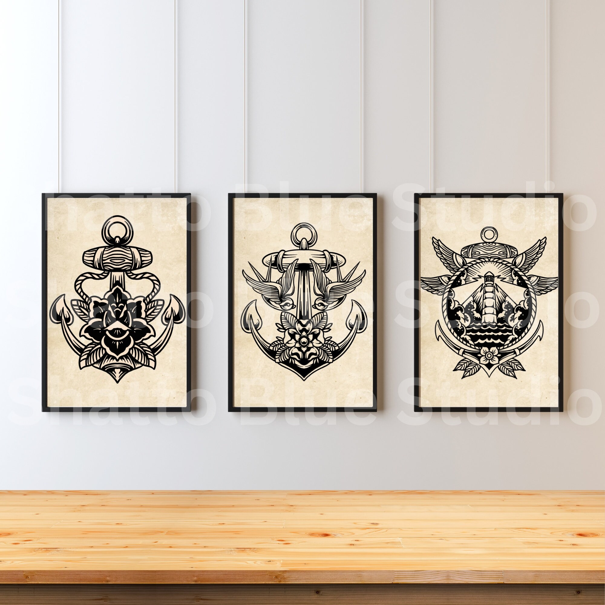 Traditional Tattoo Flash Sheet | Grayscale Nautical Anchor Flash Tattoo ...