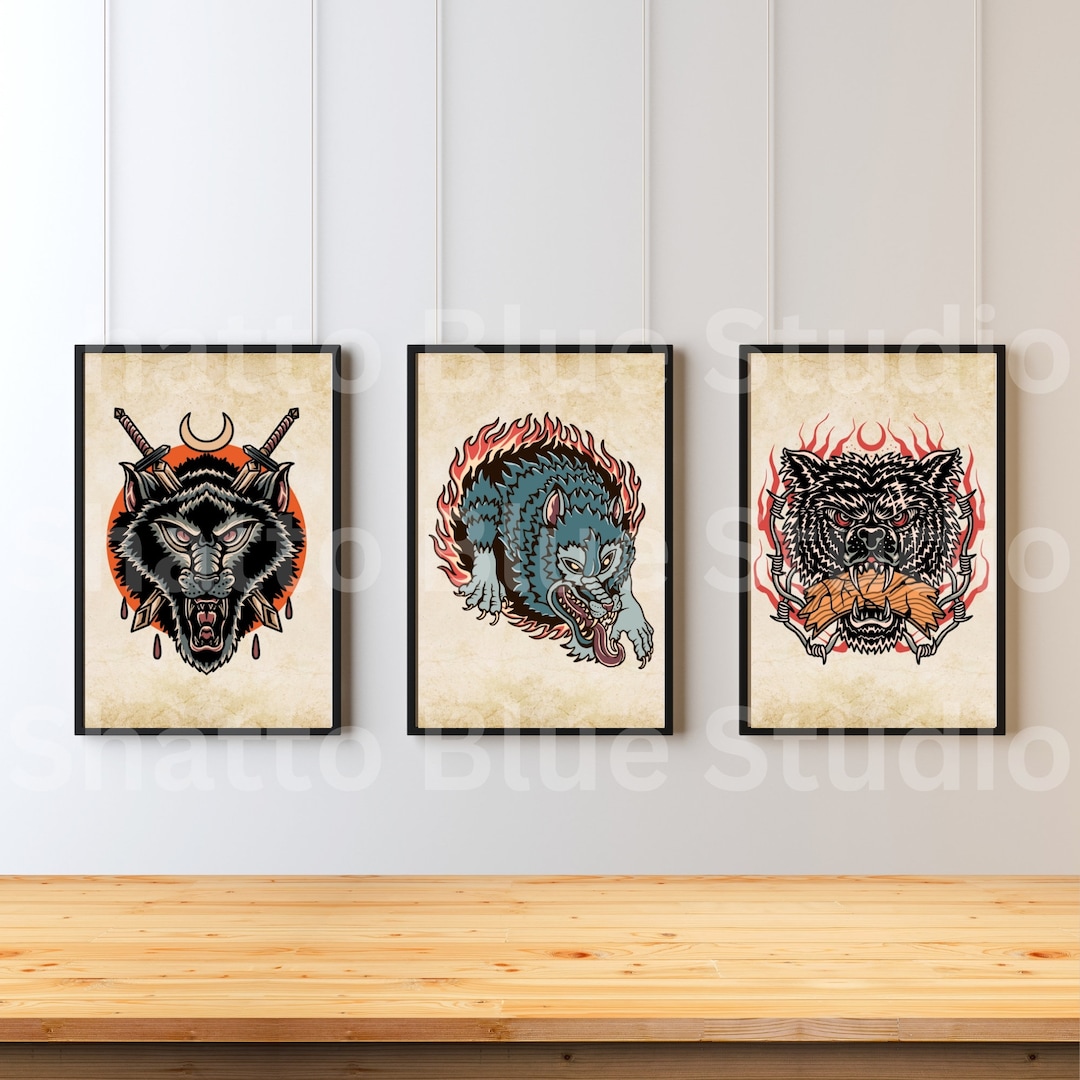 Wolf Traditional Tattoo Flash, Wolf Tattoo, Set of 3, Old School Ink ...