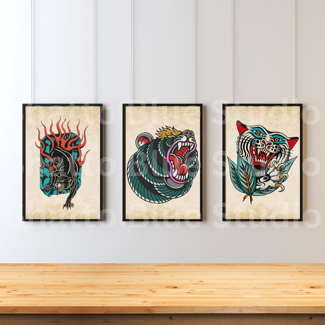 Blue Bear Traditional Tattoo, Flaming Panther, Old School Ink, Set of 3 ...