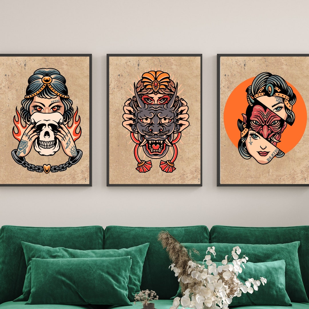 Traditional Tattoo Flash Sheet Lady Skull, Lady With Demon Mask, Split ...