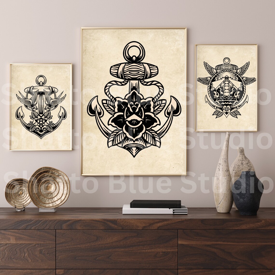 Nautical Anchor Tattoo Flash Sheet Set: Grayscale Old School Prints ...
