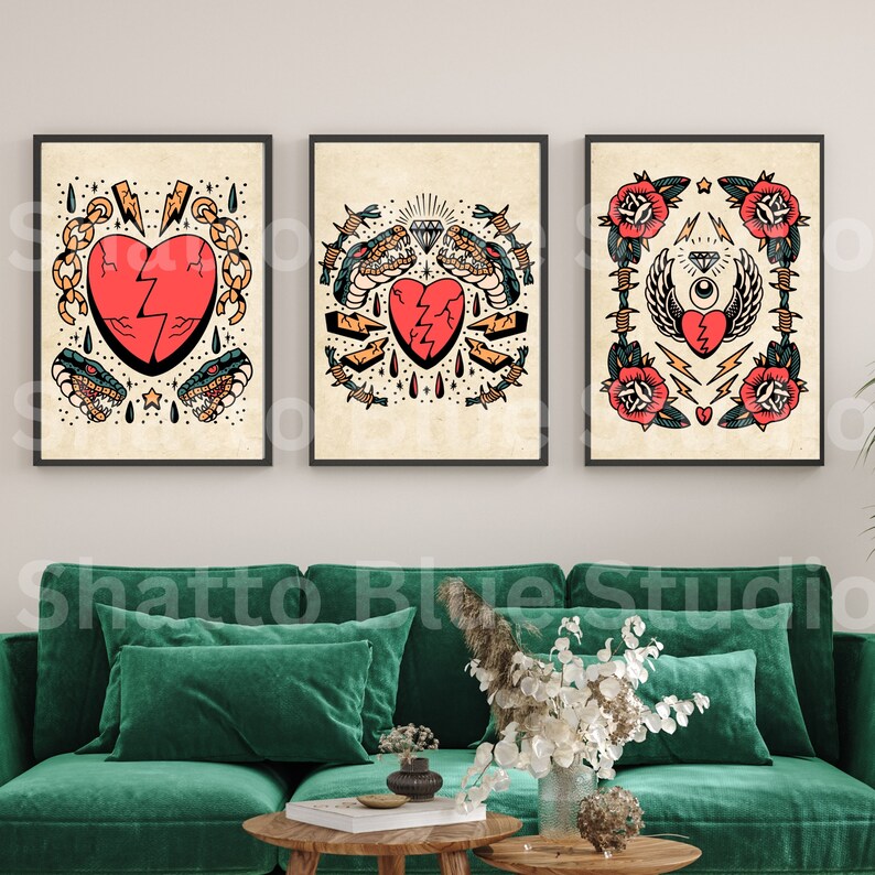 Traditional Tattoo Flash Sheet, Heart Tattoo Flash Art, Set of 3, Old ...