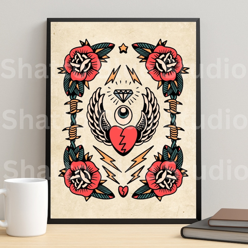 Traditional Tattoo Flash Sheet, Heart Tattoo Flash Art, Set of 3, Old ...