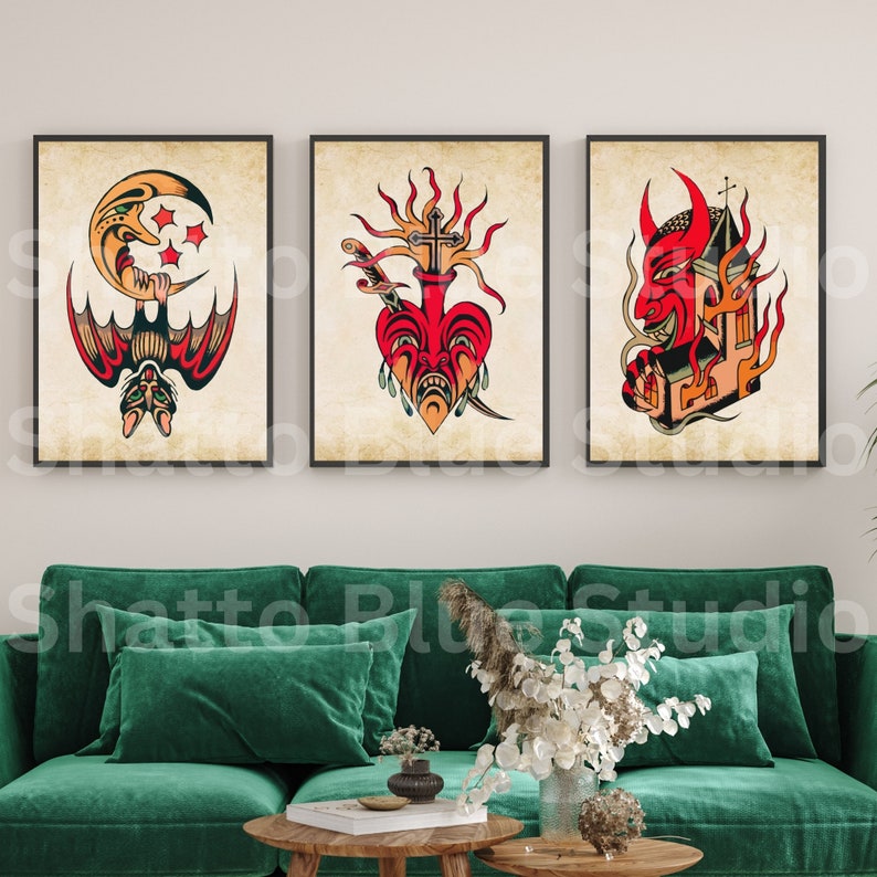 Crescent Moon and Bat Traditional Tattoo, Flaming Heart, Demon, Set of ...