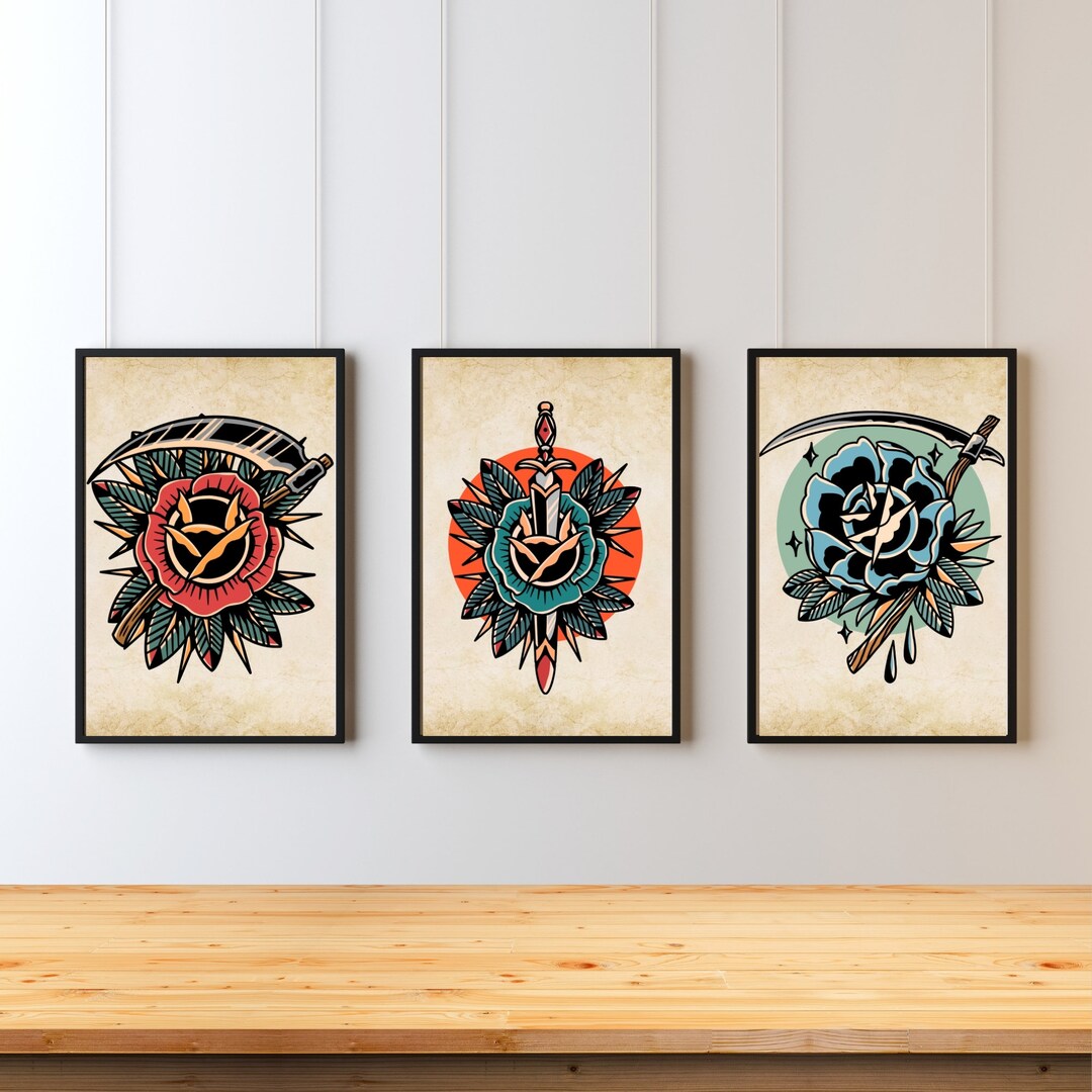 Scythe Through Rose,traditional Tattoo Style, Sword Blue Rose, Red Rose ...