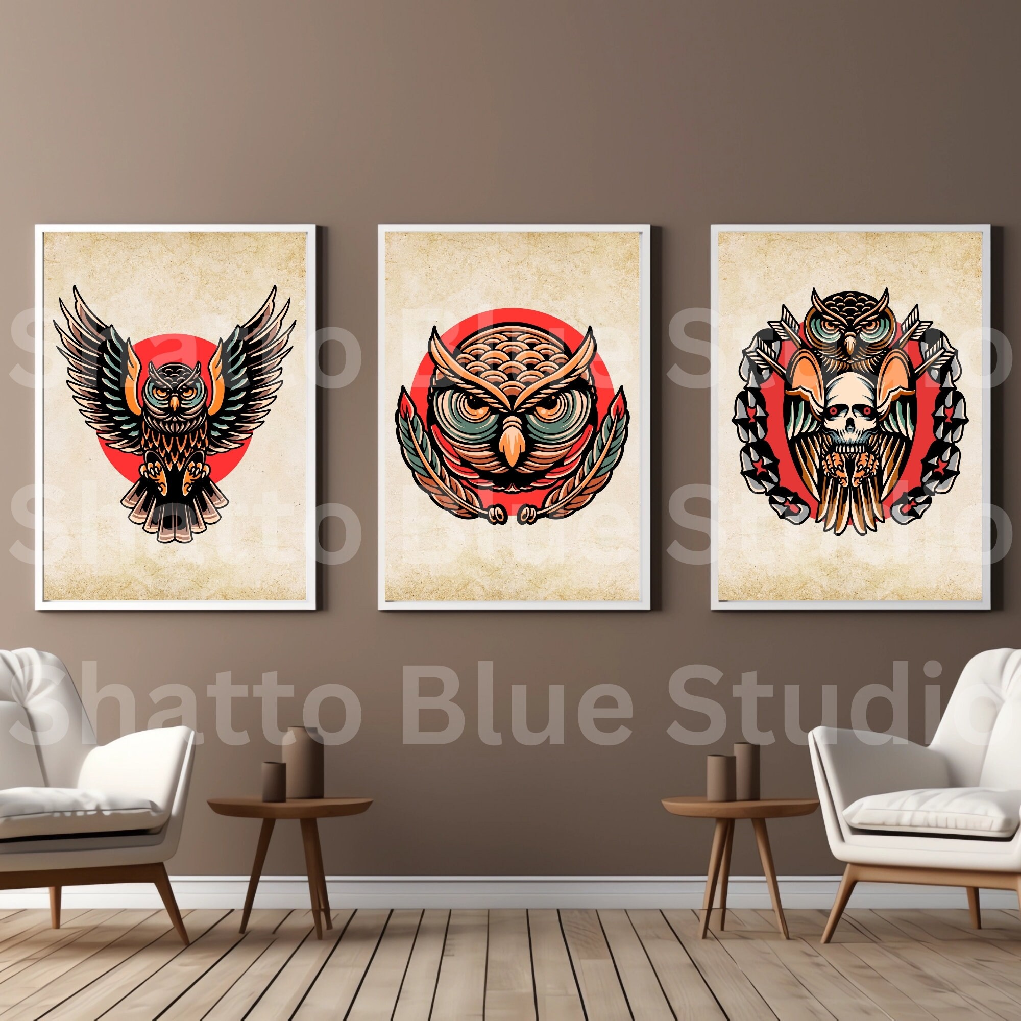 Owl Traditional Tattoo Flash, Owl Tattoo, Set of 3, Old School Ink ...