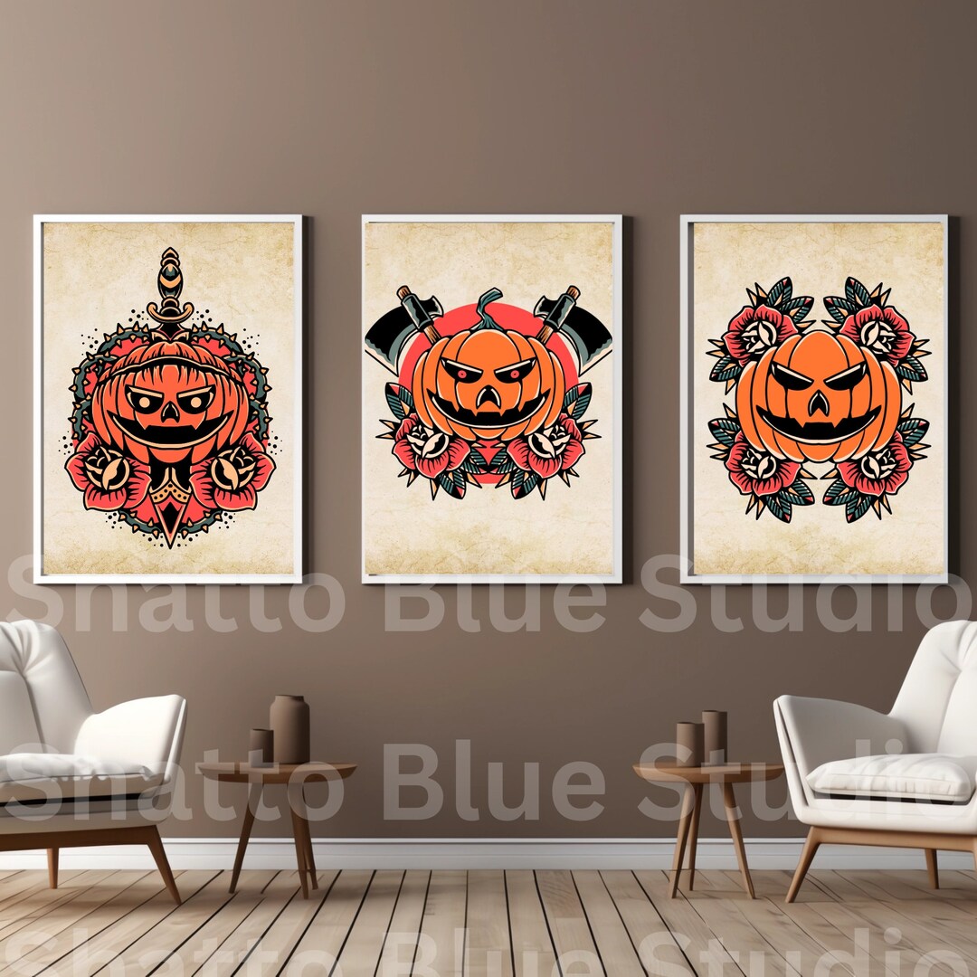 Pumpkin Tattoo Flash Prints: Traditional Jack O' Lantern Art (digital ...