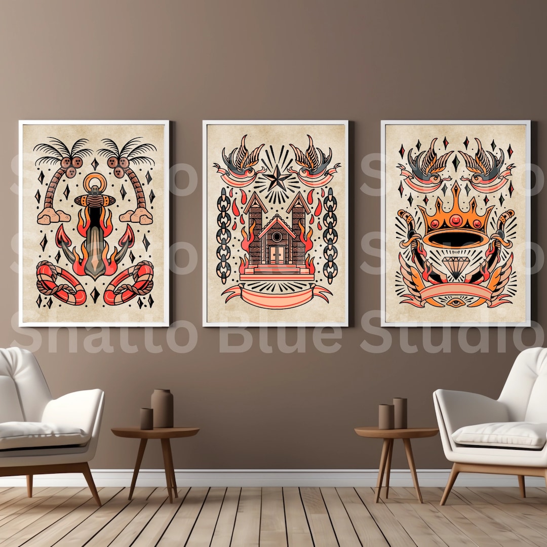 Traditional Tattoo Flash Sheet, Flaming Anchor, Flaming House, Flaming ...