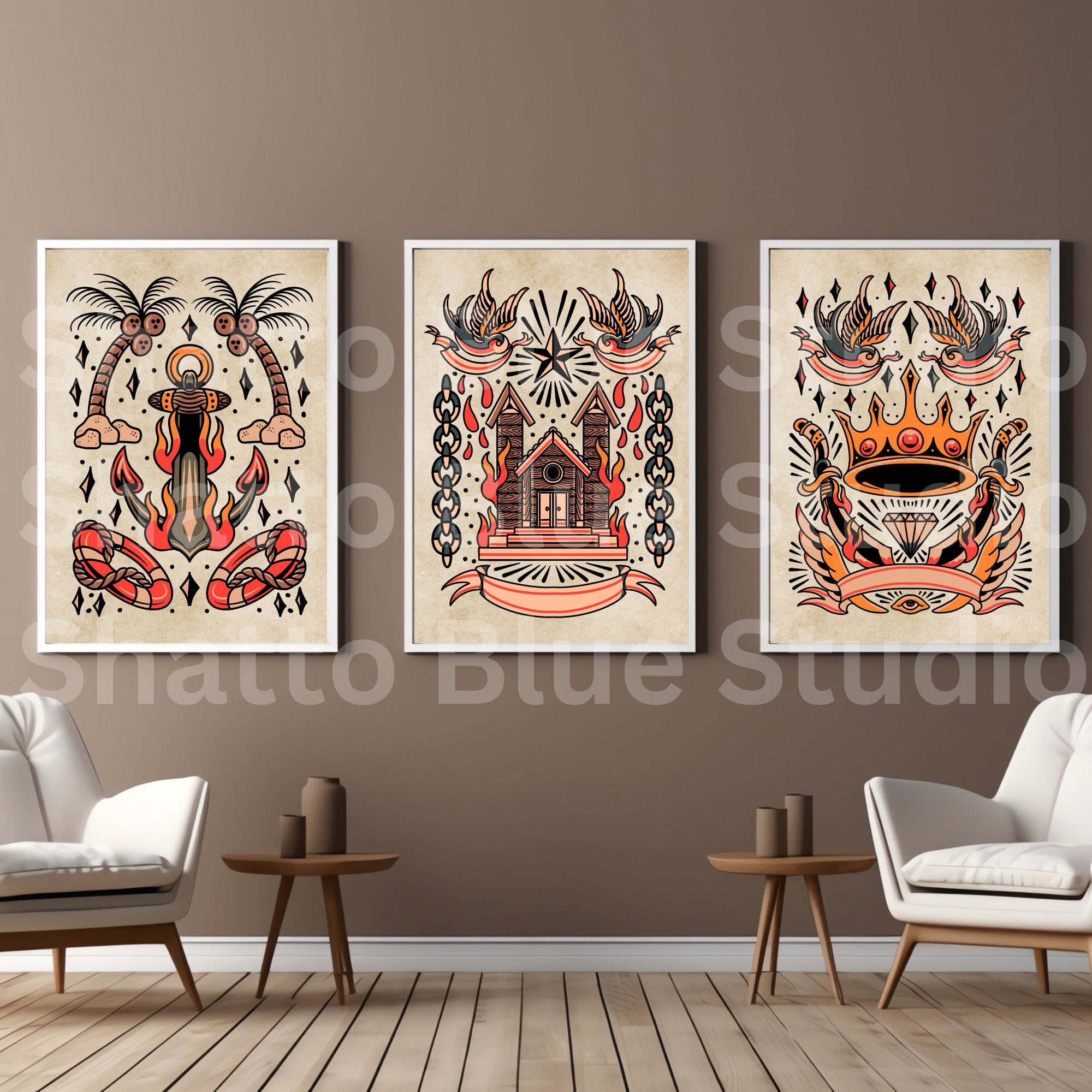 Traditional Tattoo Flash Sheet, Flaming Anchor, Flaming House, Flaming ...