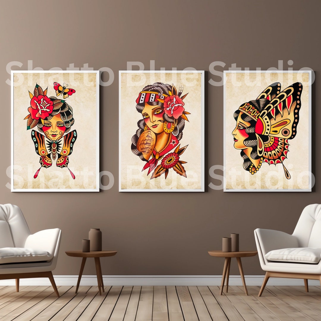 Vintage Butterfly Tattoo Flash Sheet Prints: Old School Ladies (digital ...