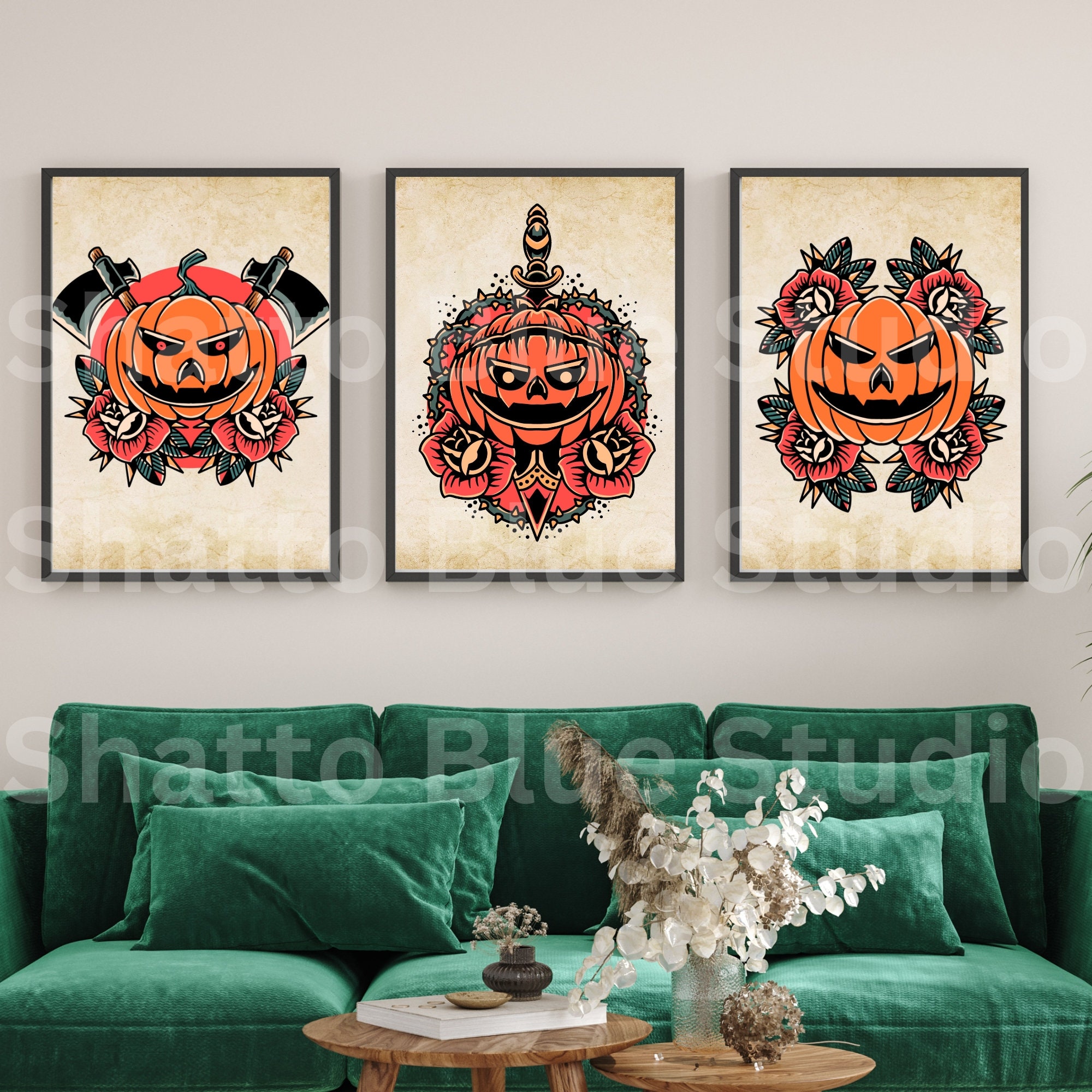 Pumpkin Tattoo Flash Prints: Traditional Jack O' Lantern Art (digital ...