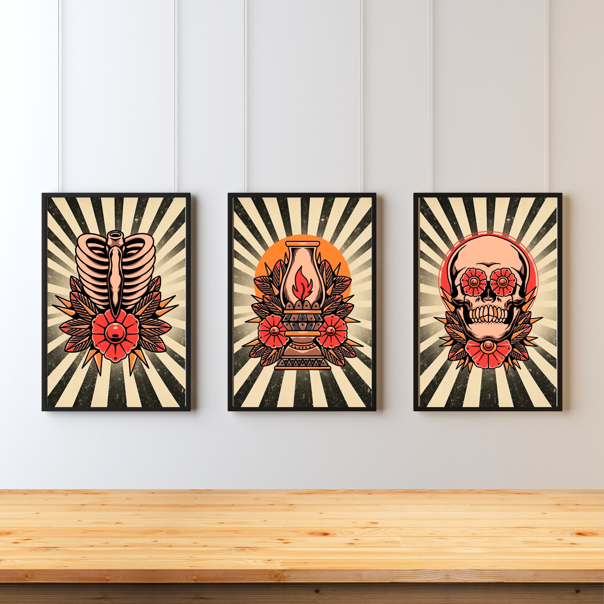 Traditional Tattoo Flash Sheet Vintage Skeleton, Skull and Flowers ...