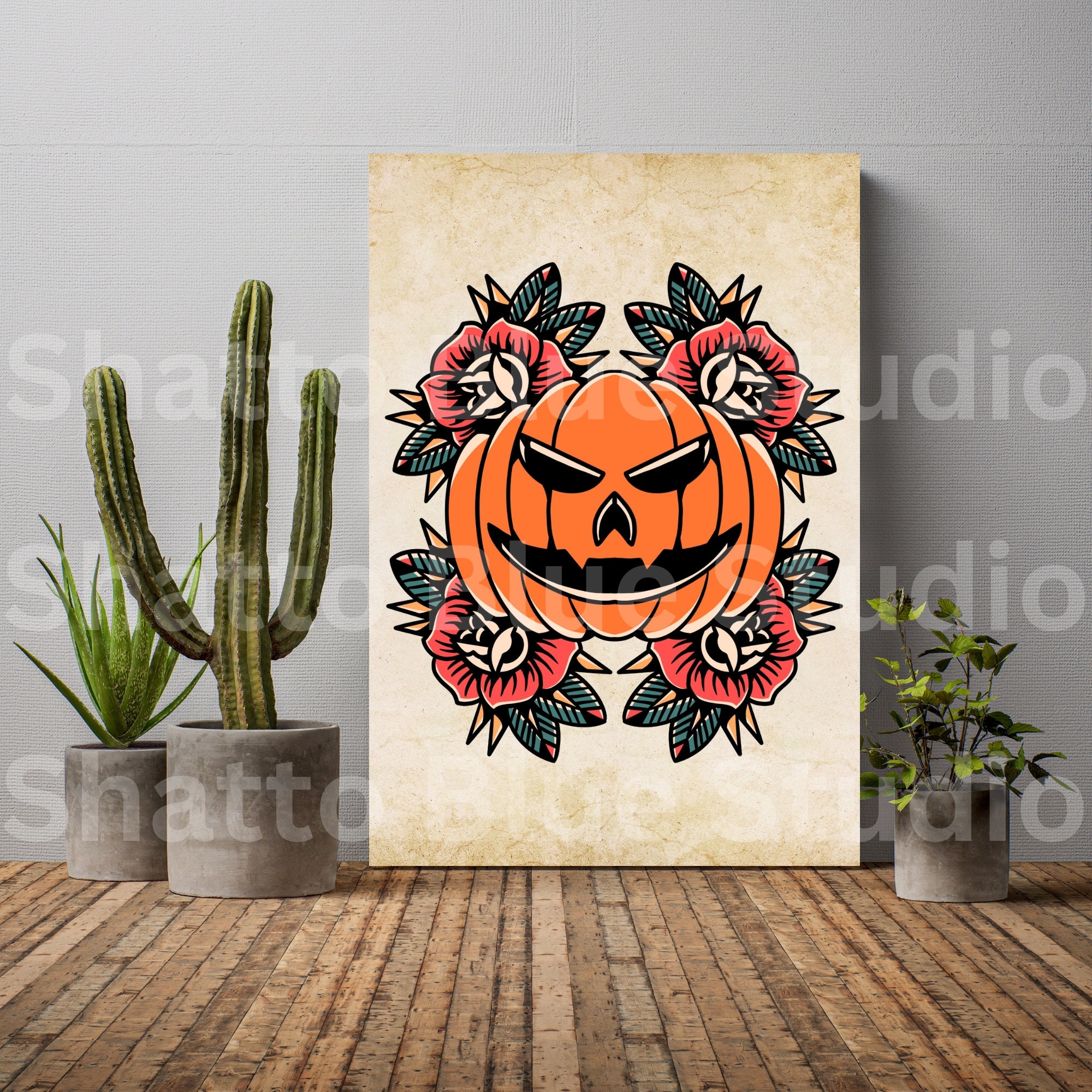 Pumpkin Tattoo Flash Prints: Traditional Jack O' Lantern Art (digital ...