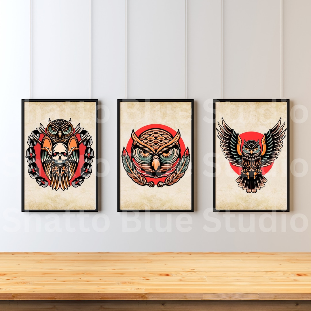 Owl Traditional Tattoo Flash, Owl Tattoo, Set of 3, Old School Ink ...