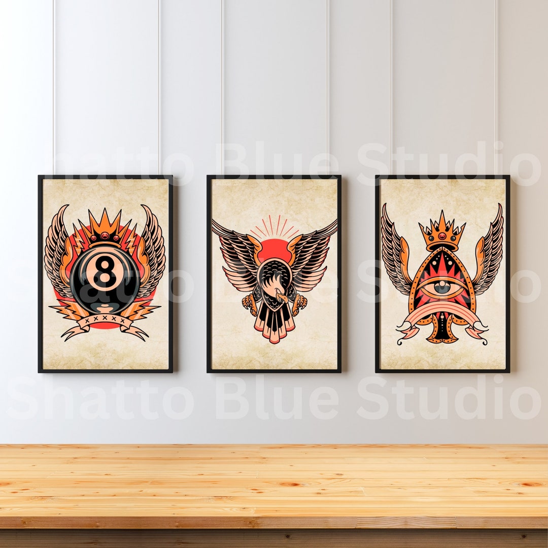 Winged Traditional Tattoo Flash, Eight Ball, Crowned Spade, Bald Eagle ...