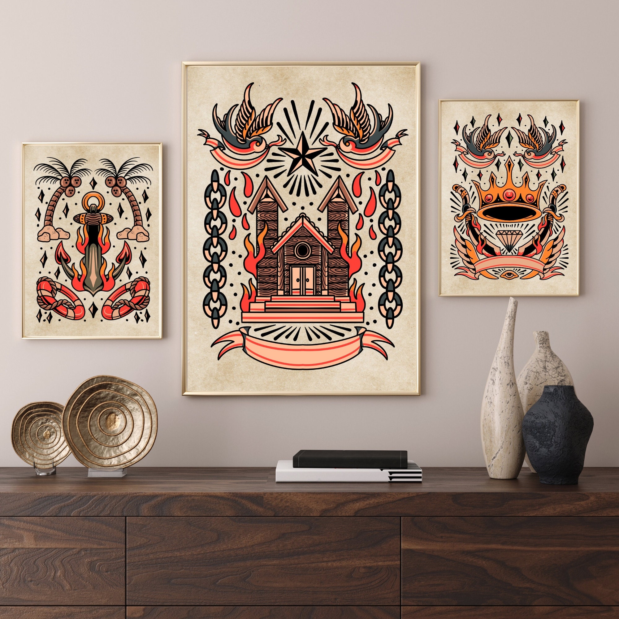 Traditional Tattoo Flash Sheet, Flaming Anchor, Flaming House, Flaming ...