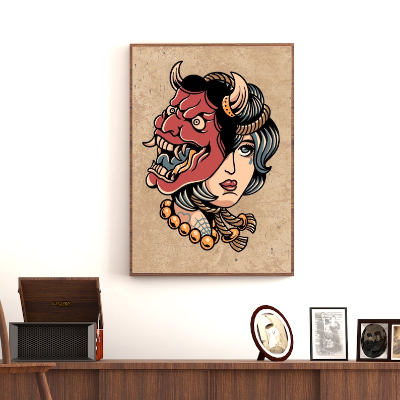 Traditional Tattoo Flash Sheet Lady Skull, Lady With Red Demon Mask ...