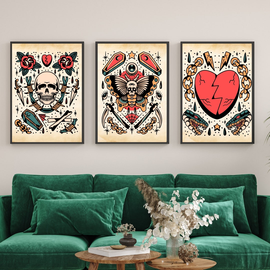 Traditional Tattoo Flash Sheet Broken Heart, Skull, Tattoo Art Set of 3 ...
