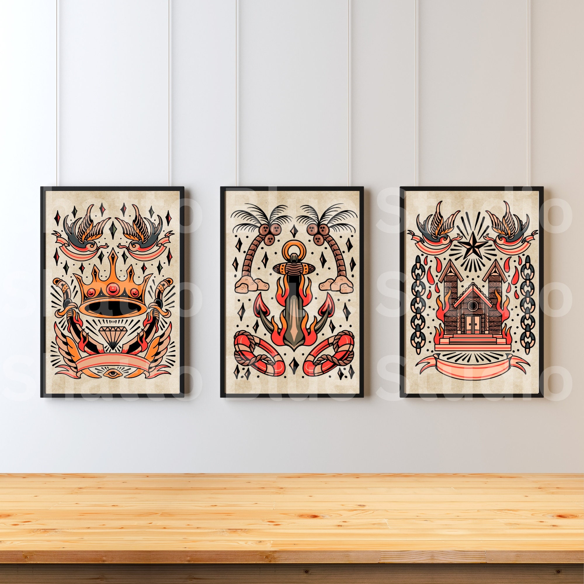 Traditional Tattoo Flash Sheet Prints: Flaming Anchor, House, Crown ...