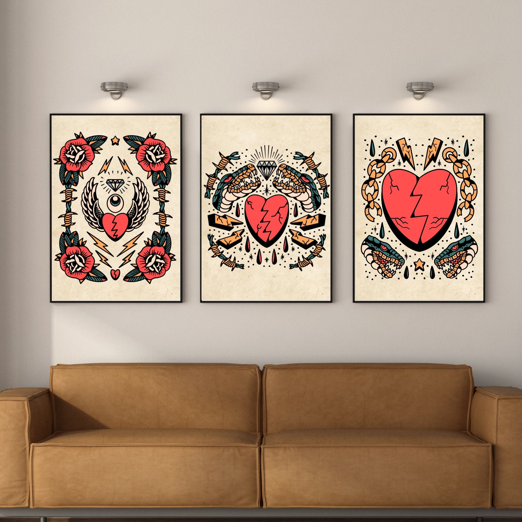 Traditional Tattoo Flash Sheet Heart Tattoo Flash Art Set of 3, Old ...