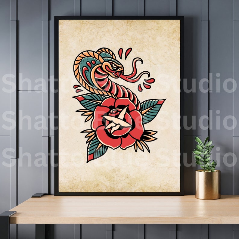 Snakes and Daggers, Traditional Tattoo Flash Sheet, Rose Tattoo, Set of 3, Old School Ink ...