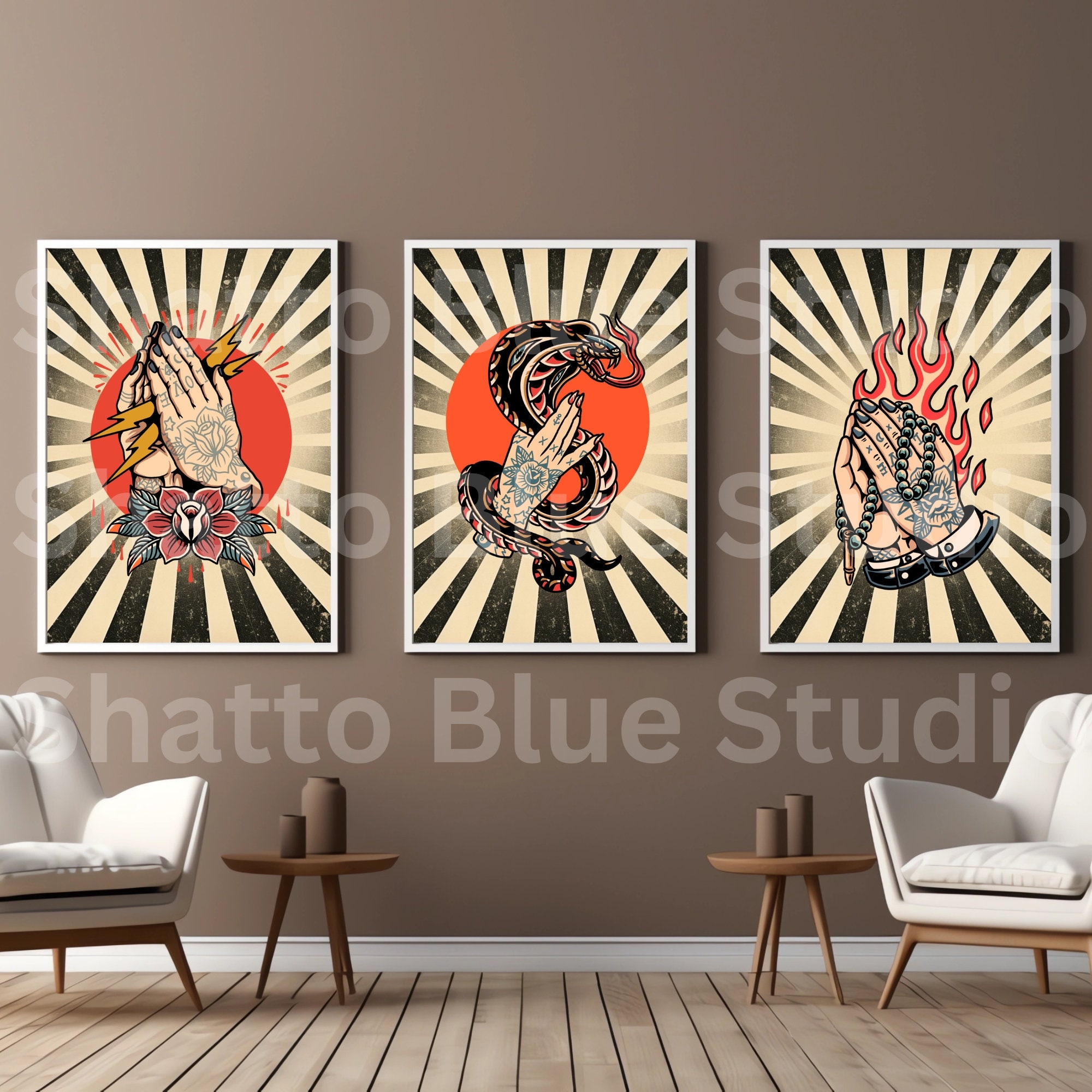 Traditional Tattoo Flash Sheet Lightening Catcher, Praying Hands, Cobra ...