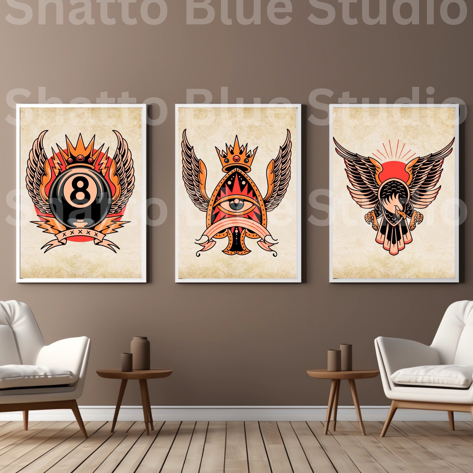 Winged Traditional Tattoo Flash, Eight Ball, Crowned Spade, Bald Eagle ...