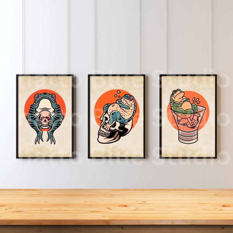 Frog and Skull Traditional Tattoo Flash, Frog in Shot Glass, Set of 3 ...