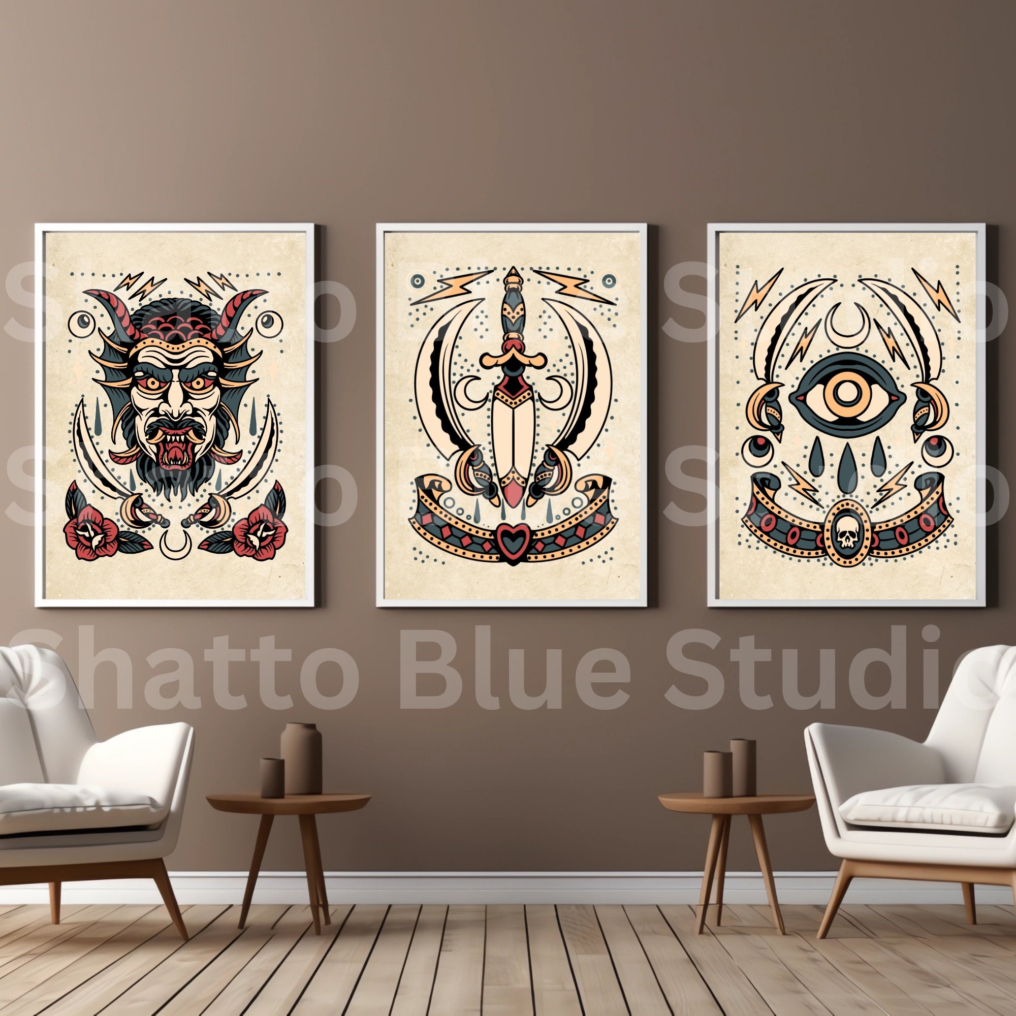 Traditional Tattoo Flash Sheet, Krampus, Crying Eye, Dagger Flash ...