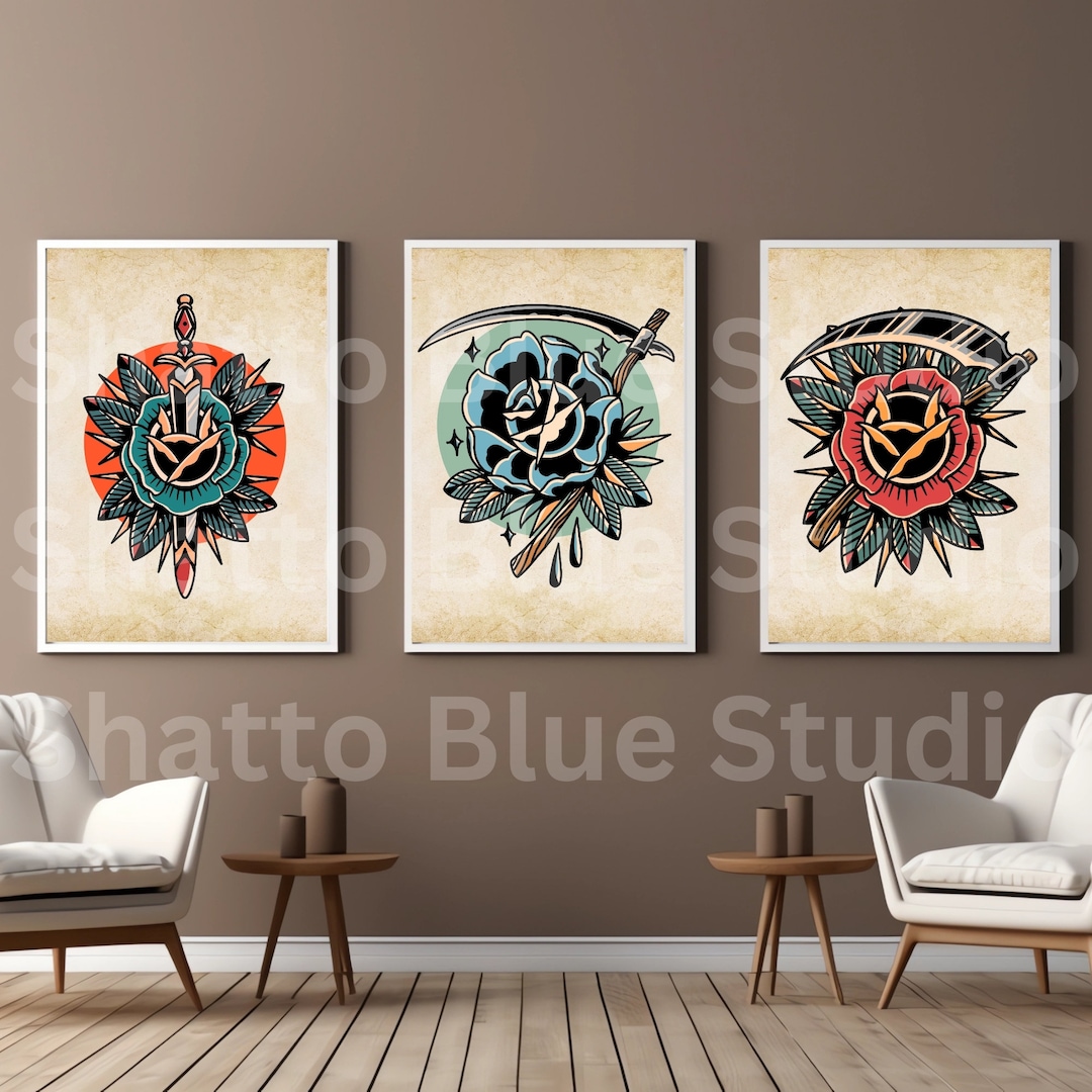 Scythe Through Rose,traditional Tattoo Style, Sword Blue Rose, Red Rose ...