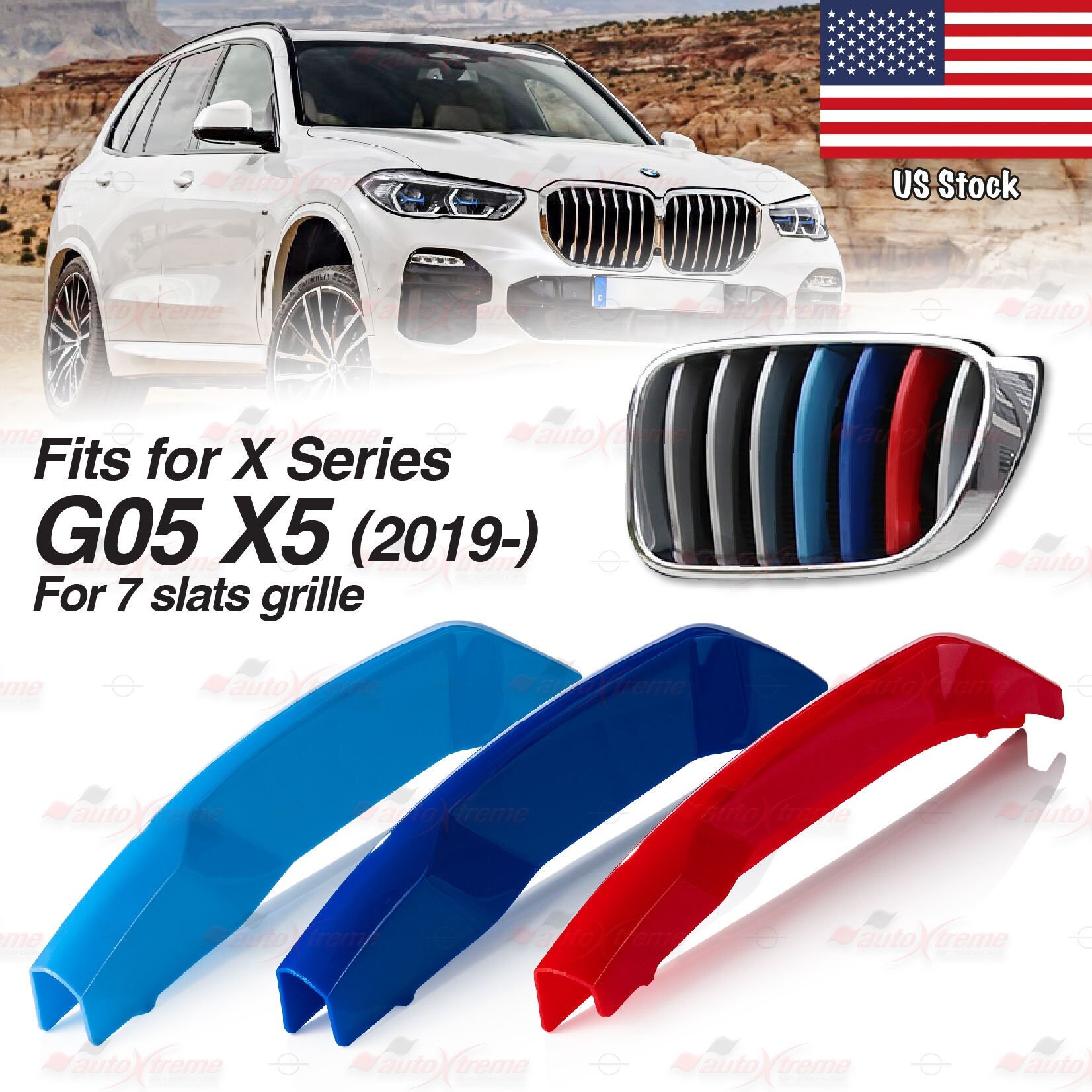 Tri-color 7 BARS Kidney Grille Front Cover Insert Clips Fits BMW X5 X ...