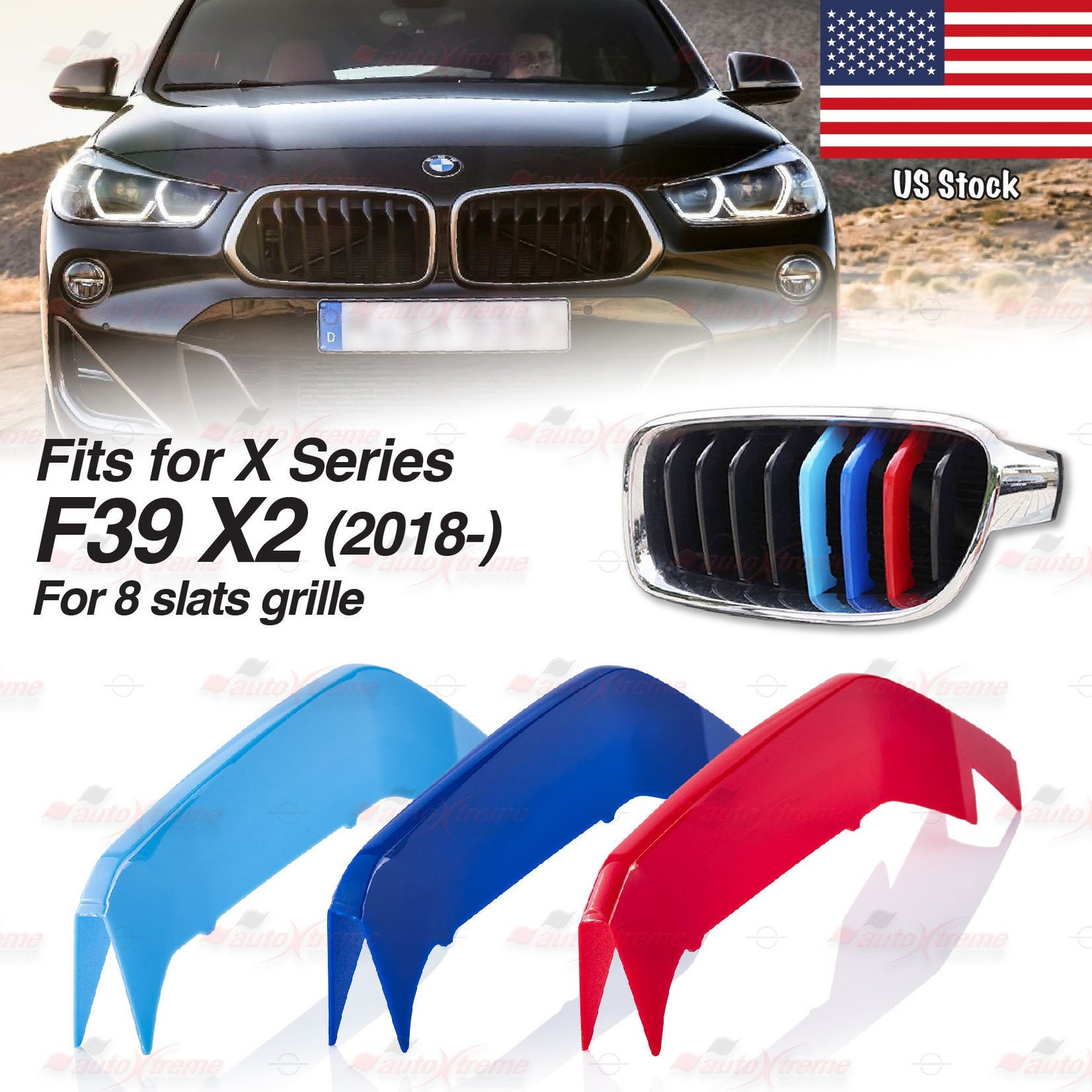 Tri-color 8 BARS Kidney Grille Front Cover Insert Clips Fits BMW X2 X ...