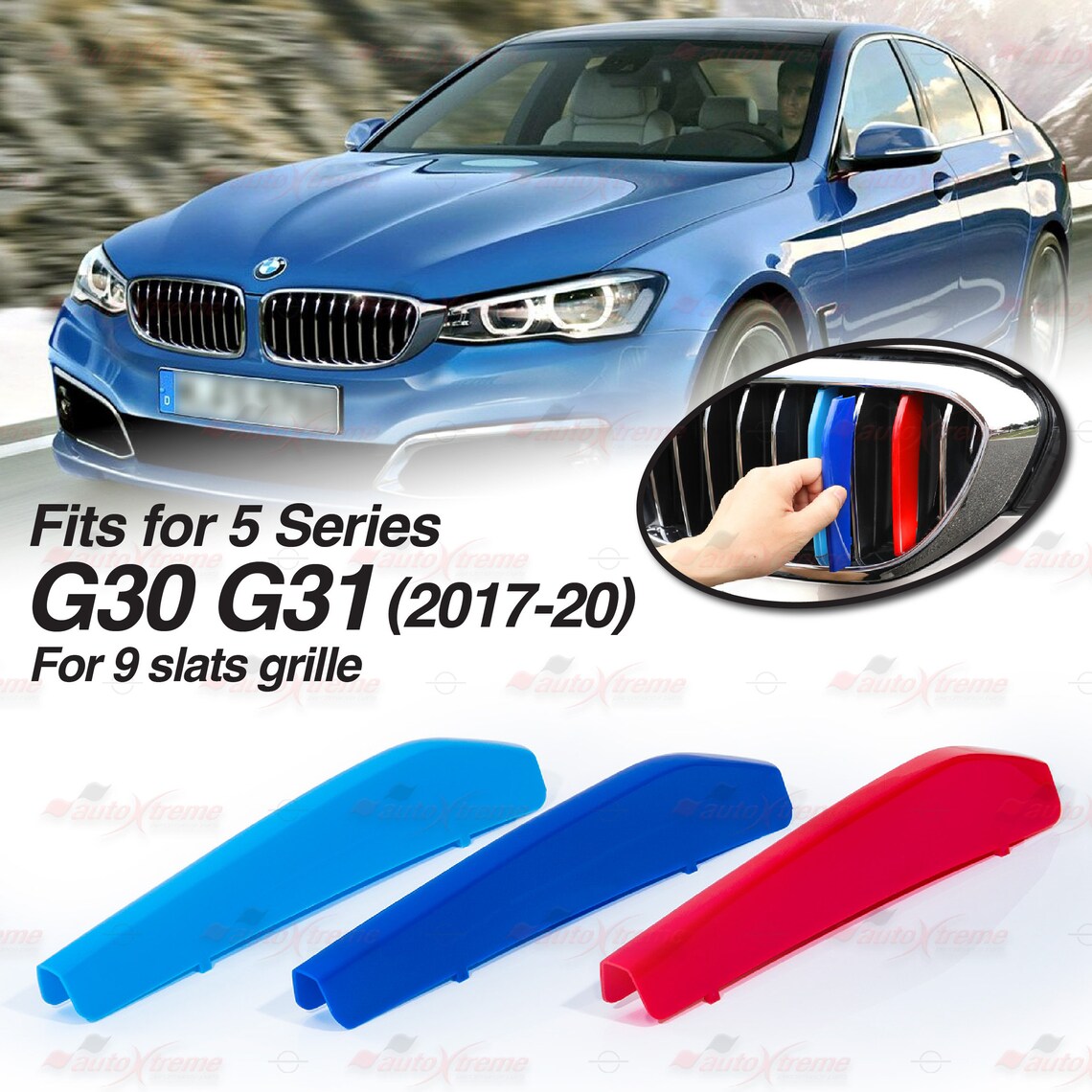Tri-color 9 BARS Kidney Grille Front Cover Insert Clips Fits BMW 5 ...
