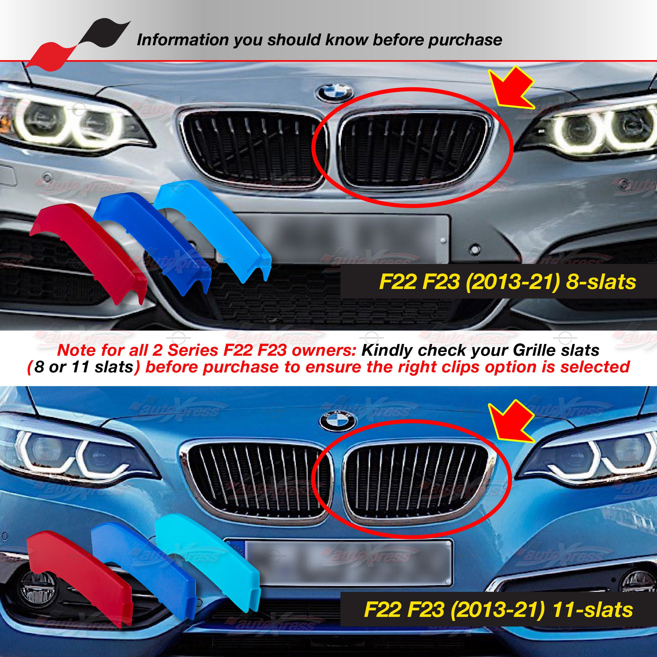 Performance 8 SLATS Kidney Grille 3 Color Cover Clips for BMW 2 Series ...