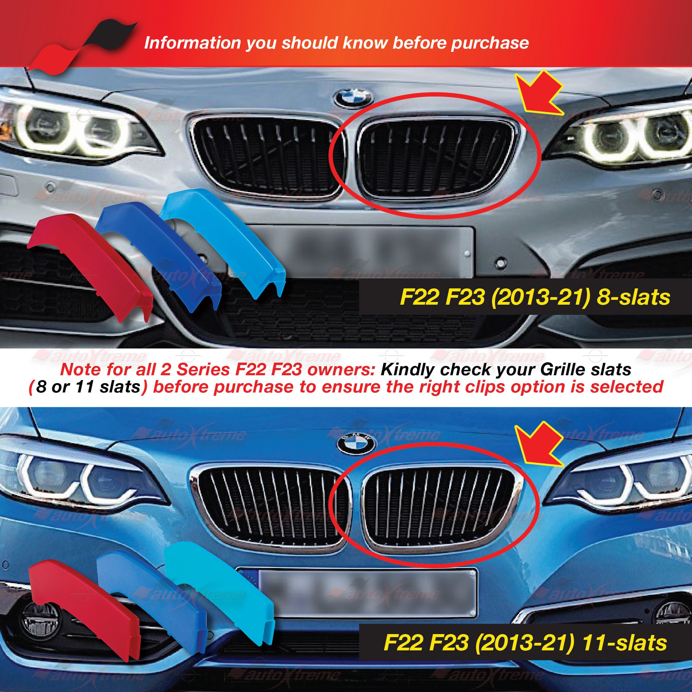 Tri-color 8 BARS Kidney Grille Front Cover Insert Clips Fits BMW 2 ...