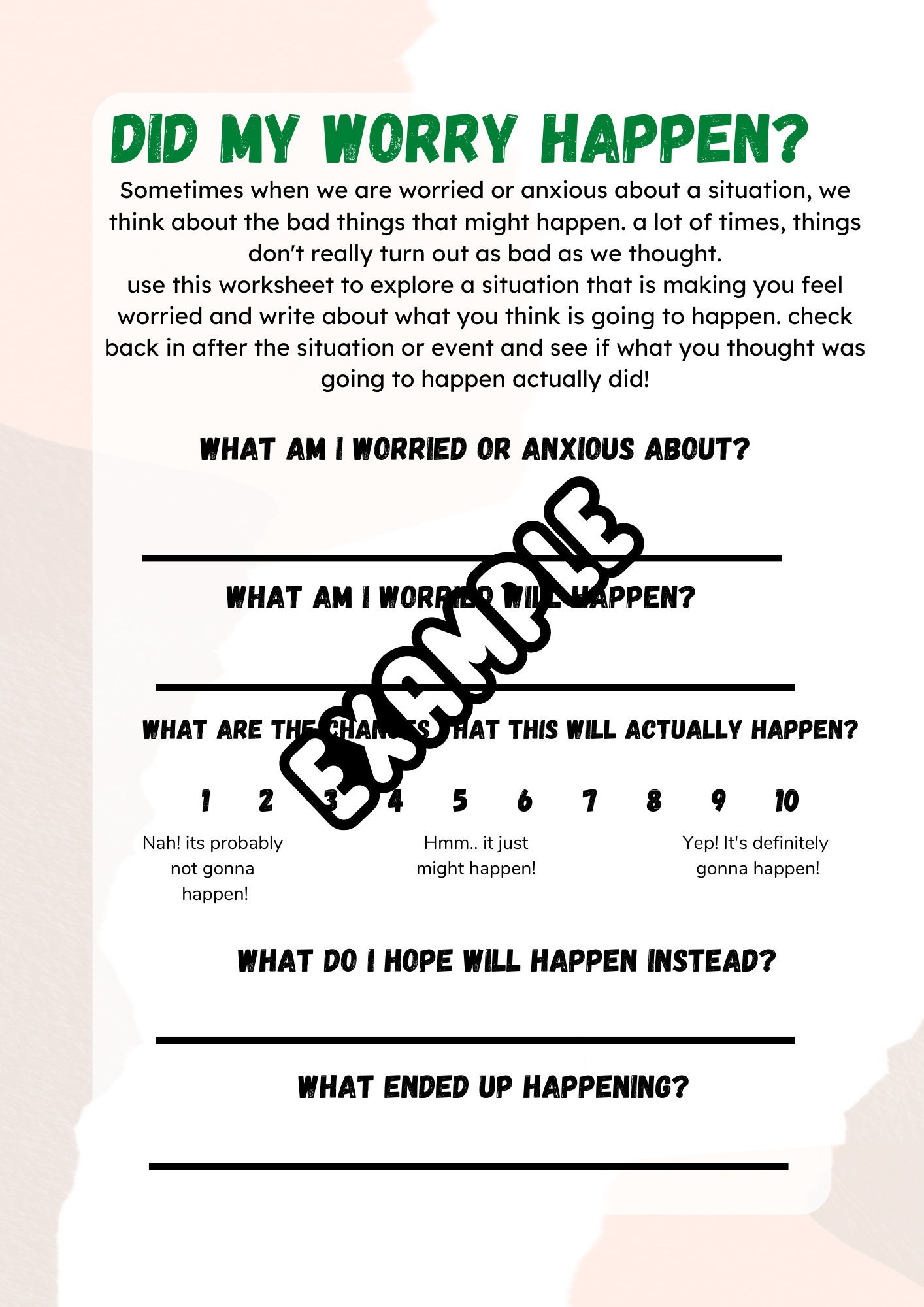 Did My Worry Happen Worksheet Printable - Etsy