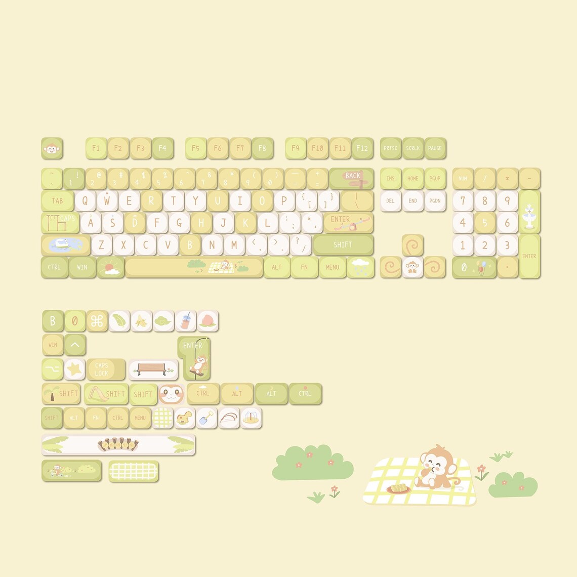 Cartoon Monkey Keycap Set, Light Green and Yellow Keycap Set, MOA ...