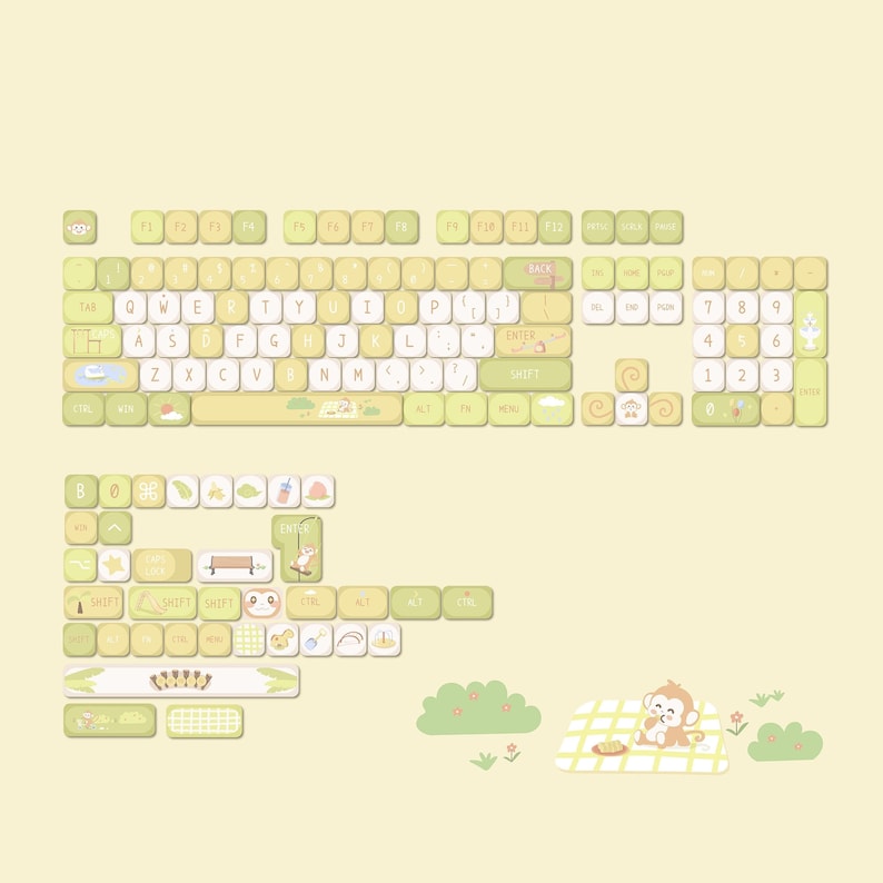 Cartoon Monkey Keycap Set, Light Green and Yellow Keycap Set, MOA ...