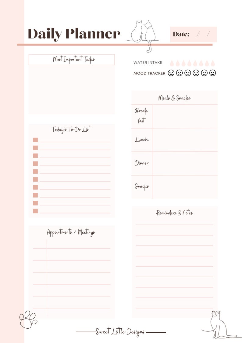 Daily Printable Planner Cat Themed Printable Meal Tracker Mood Tracker ...