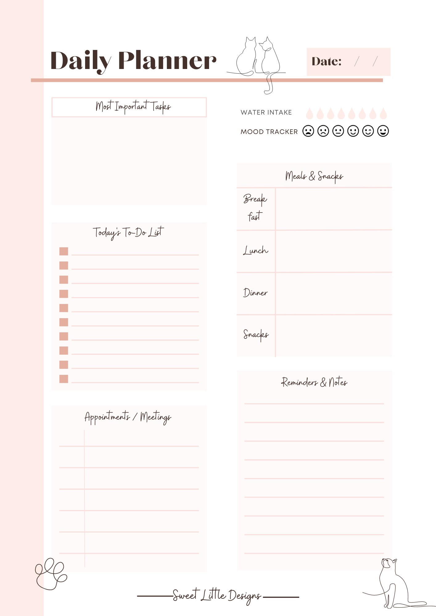 Daily Printable Planner Cat Themed Printable Meal Tracker Mood Tracker ...